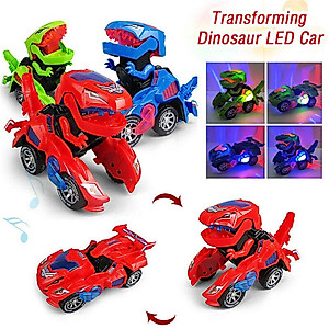 HENGBANG Transforming Toys, Dinosaur Cars Combined Into One,Automatic Transformation, Transformation of Dinosaur LED Cars, Lamps (Red)