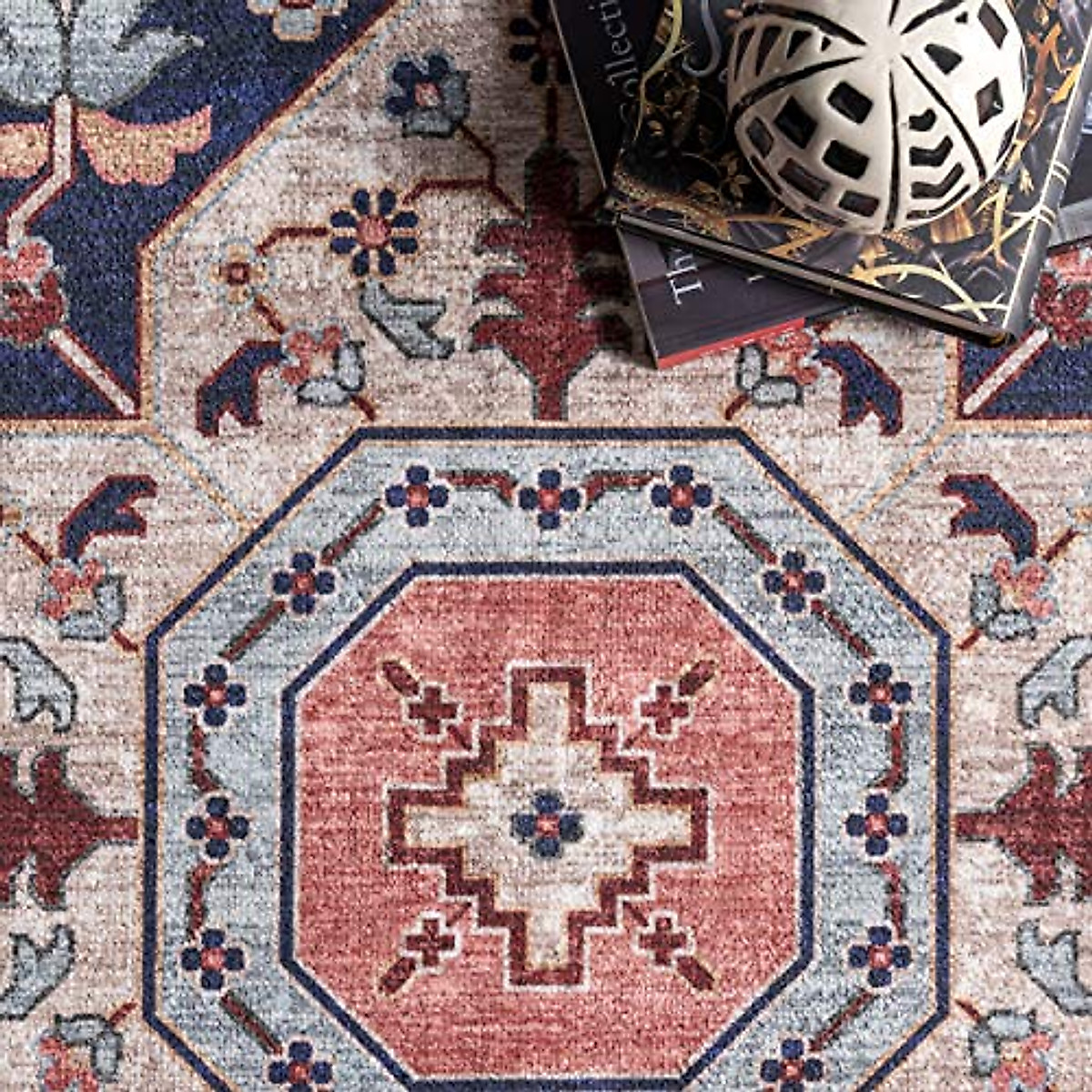 nuLOOM Amber Machine Washable Floral Aztec Area Rug, 4' x 6', Rust