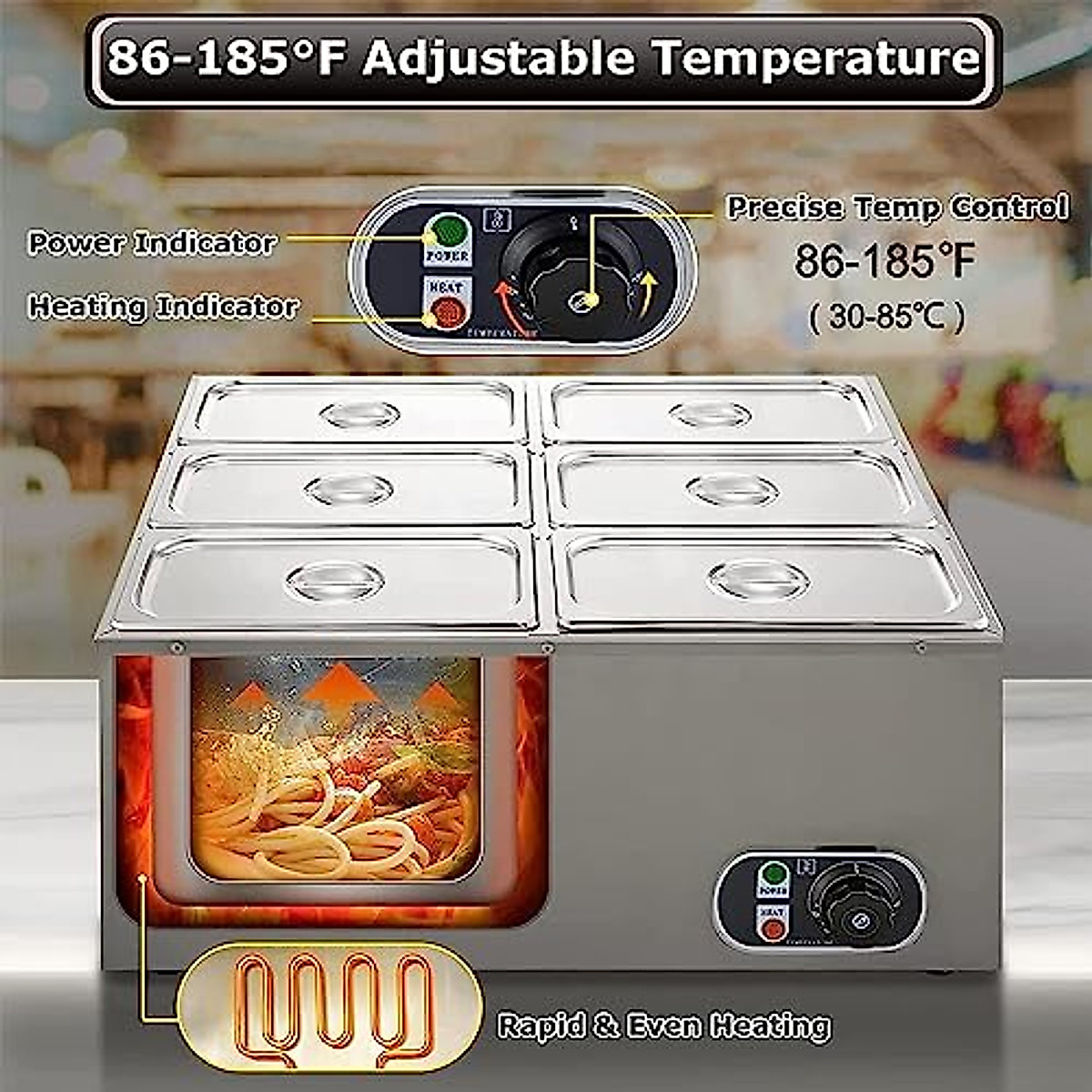 KFJZGZZ Electric Food Warmer 6 Pots, Commercial Countertop Stainless Steel Buffet Wet Well Sauce Food Warmer Steam Table Temperature Control Range 30-85°C with Covers, Drain Tap