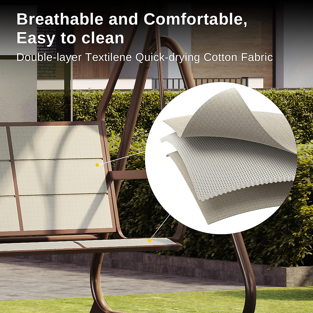 EAST OAK 3-Person Outdoor Patio Swing Chair with Adjustable Canopy, Porch Swing with Comfortable and Breathable Seats, Outdoor Swing Chairs for Garden, Balcony, Backyard, Chestnut Brown