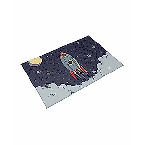 CHARMHOME Indoor Outdoor Rugs 5'x8' - Waterproof Patio Rug Camping Rug for Porch Deck Backyard Patio - Space Theme Cute Cartoon Rocket Moon and Stars Pattern Area Rug Easy Clean