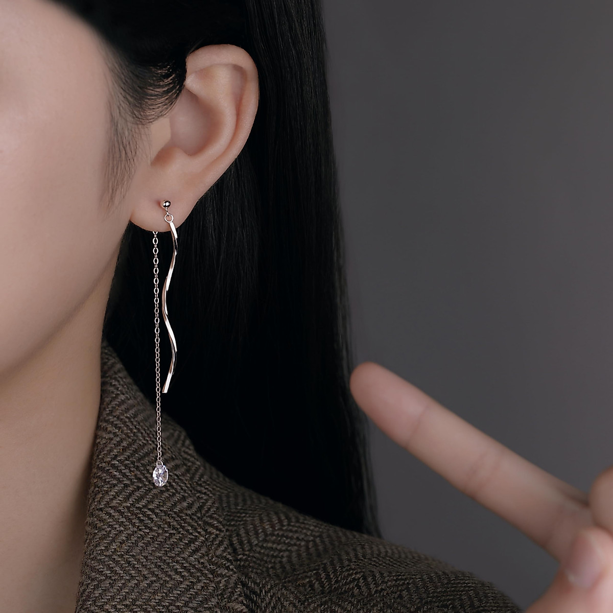 SLUYNZ 925 Sterling Silver CZ Droplet Dangle Earrings Chain for Women Teen Girls Long Dangle Earrings Curved Tassel (A-Silver)