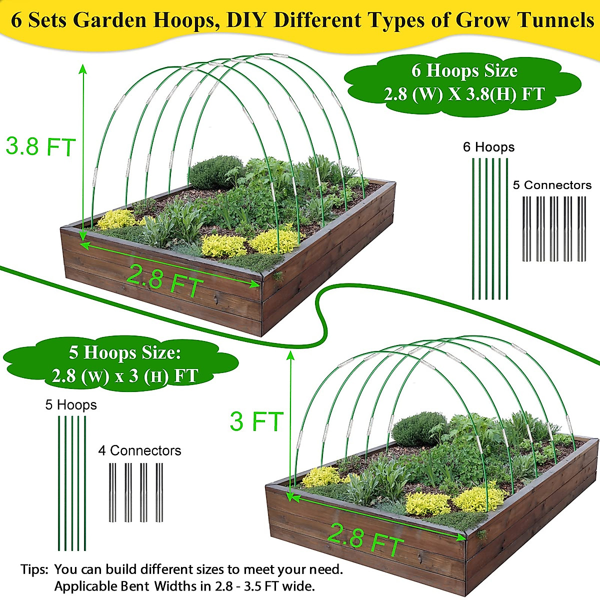 Greenhouse Hoops Grow Tunnel 6 Sets of 8FT Long Garden Hoops, Rust-Free Fiberglass Garden Hoops Frame for Garden Netting Raised Bed Plant Shade Cloth Row Cover, DIY Plant Support Garden Stakes- 36pcs