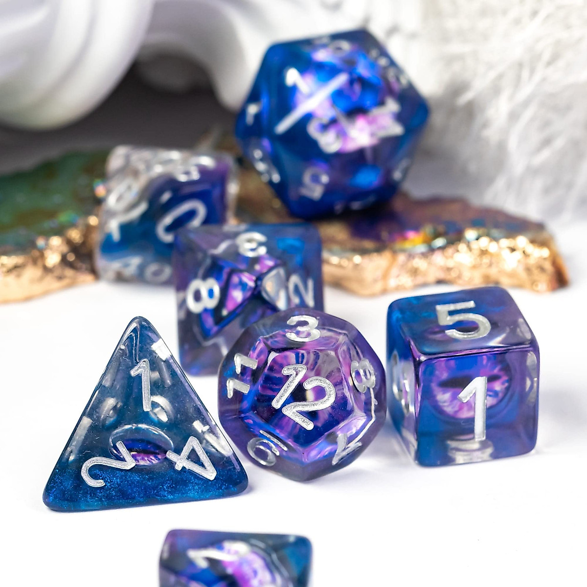 Cusdie 7-Die DND Dice, Polyhedral Dice Set Filled with Eyeball, for Role Playing Game Dungeons and Dragons D&D Dice MTG Pathfinder (Purple Eyeball)