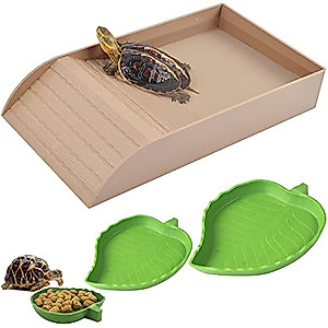 3pcs Tortoise Food Dish with Ramp and Basking Platform Leaf Tortoise Water Food Bowls Reptile Water Dish Turtle Reptile Pool for Amphibians Brown