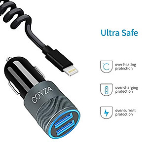 COYZA Fast Car Charger Adapter, Compatible with iPhone 13/12/11/Pro Max/Pro/Mini/X/XS/XS MAX/XR/SE 2020/8 Plus/8/7 Plus/7/6s/6/5/SE, 3.1A Dual USB Ports with Coiled Charging Cable Cord
