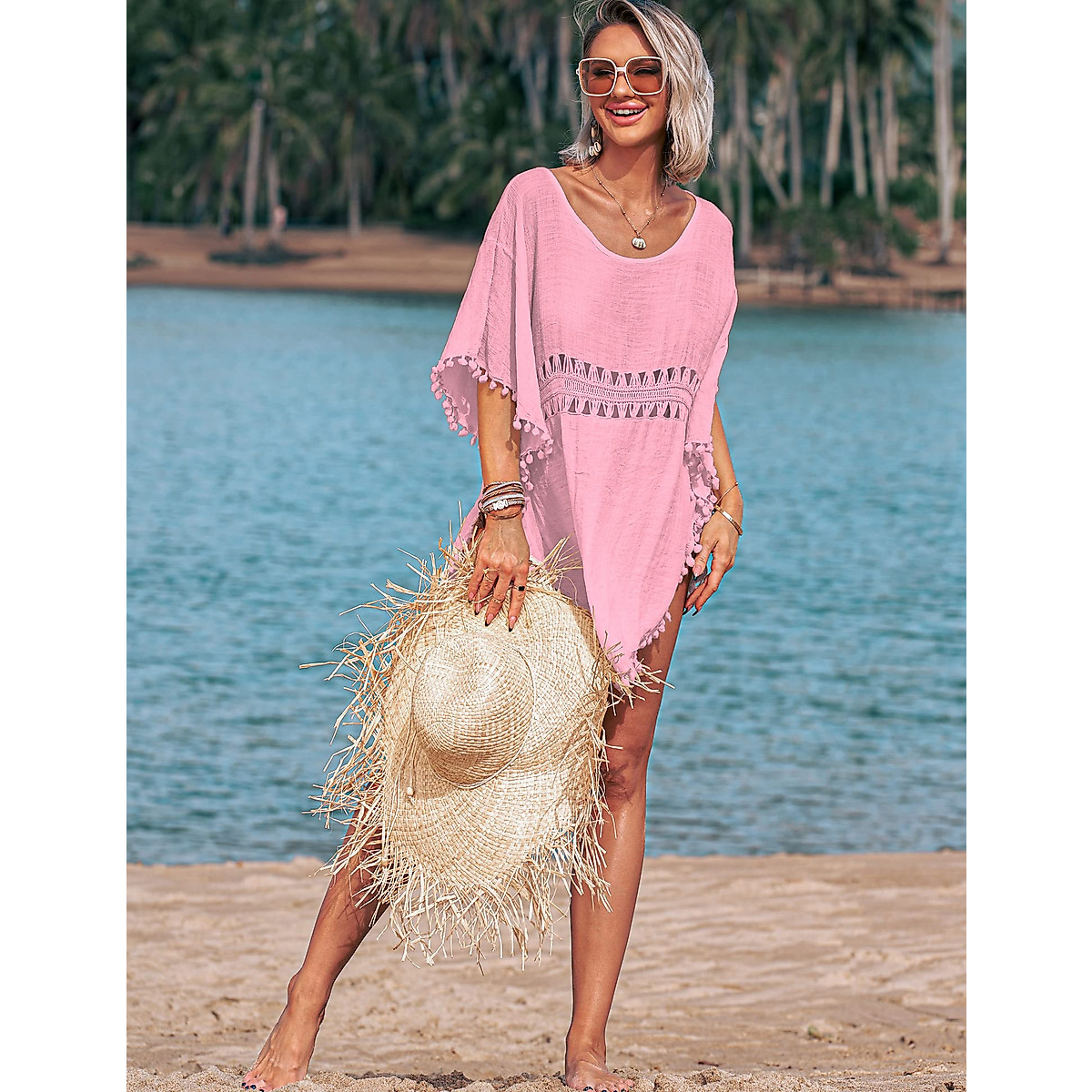 AI'MAGE Women's Crochet Chiffon Swimsuit Cover Up Summer Bathing Suit Bikini Pom Pom Beach Cover Ups Pink