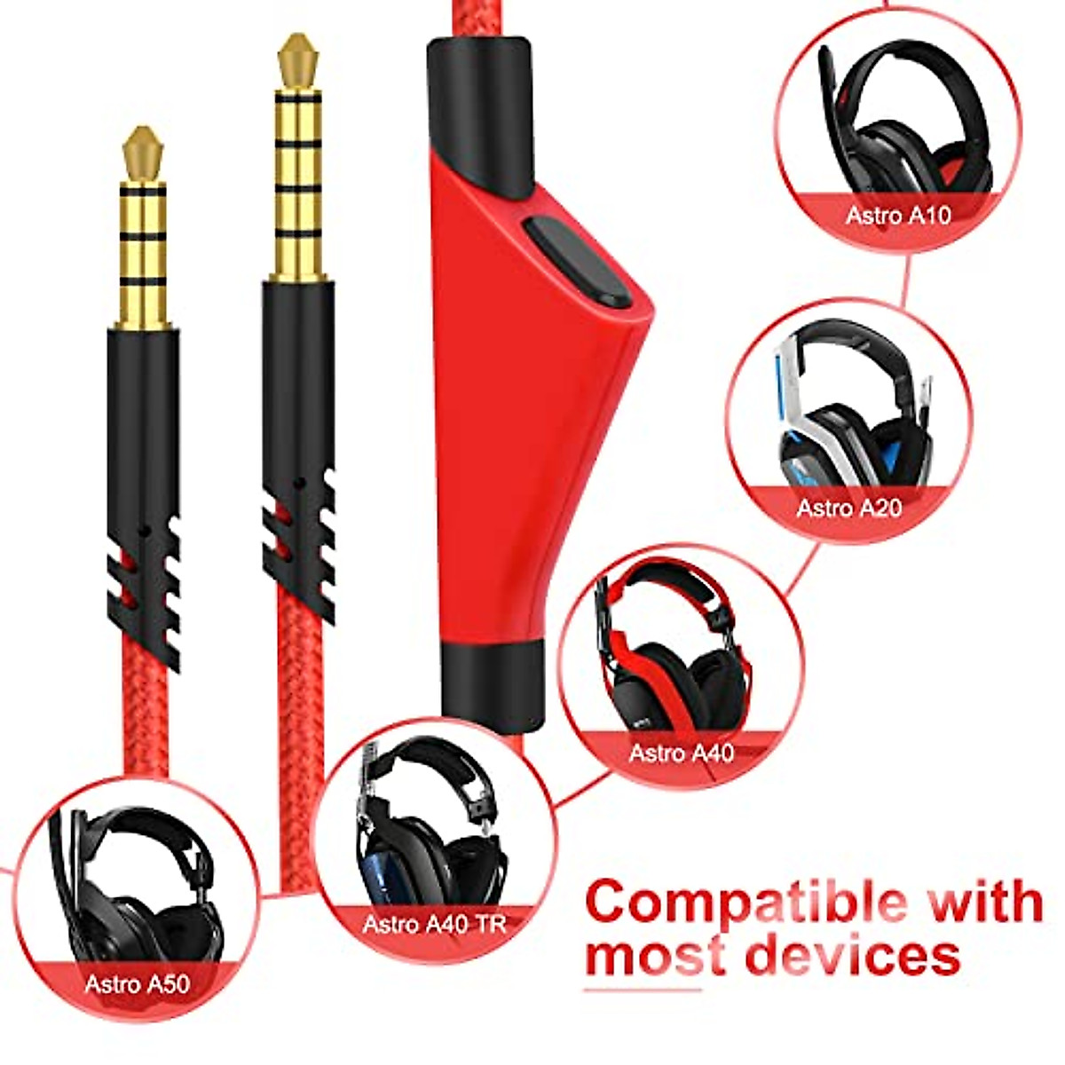 Tobysome Replacement A10 A40 A30 Cable for Connect Astro A10 Astro A40 Gaming Headset to Playstation 4 PS4 Controllers, Smartphone,MixAmp,PCs and Macs with 3.5mm Aux Jack(2M,Red with Mute Function)