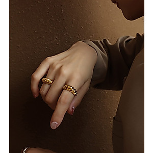 KOHOTA 6PCS Thick Dome Chunky Rings for Women 18K Gold Plated Braided Twisted Signet Ring Big Croissant Ring Minimalist Statement Ring Size 5-10