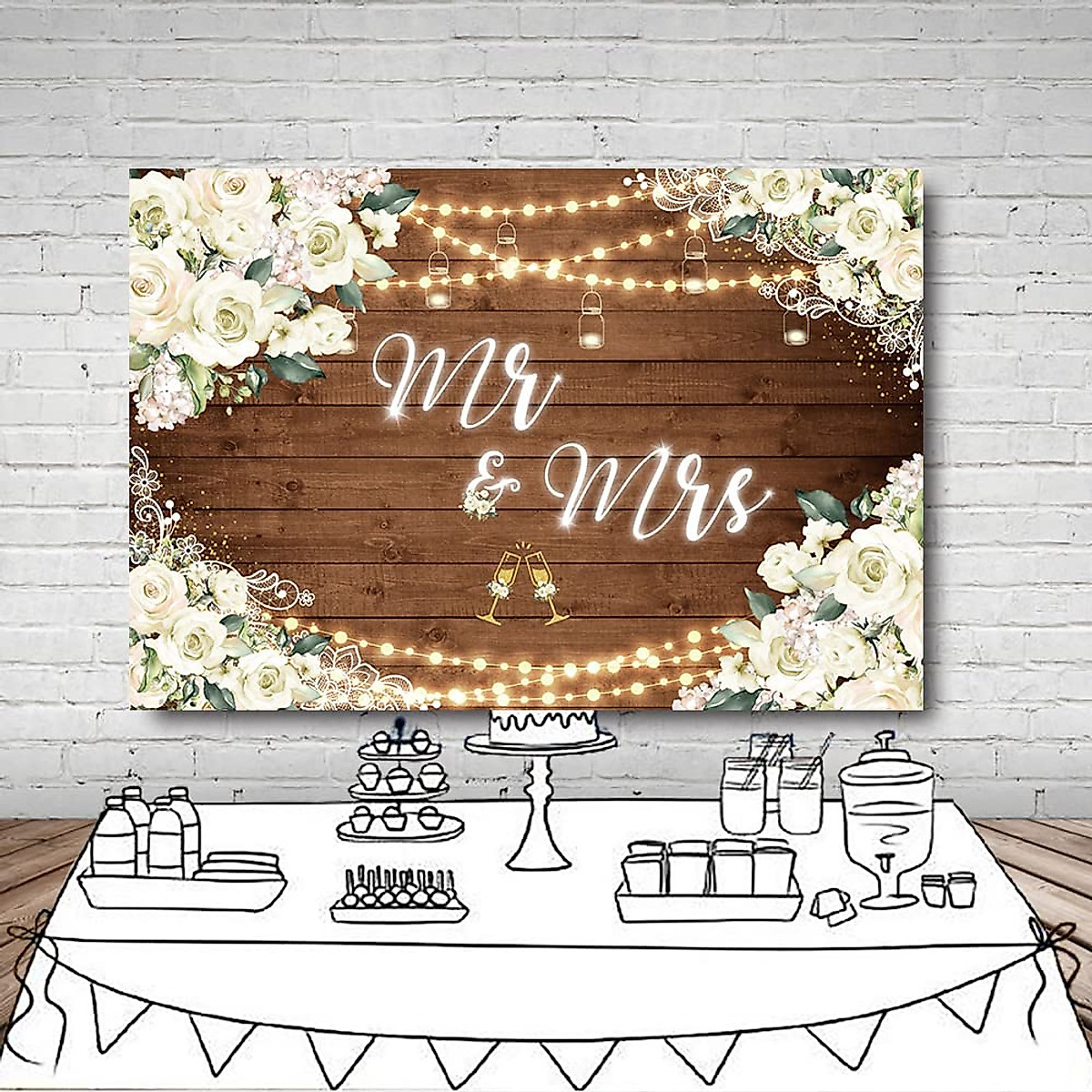 MEHOFOND 7x5ft White Floral Mr & Mrs Engagement Decorations Backdrop Couples Wedding Wooden Background Bride and Groom Engaged Ceremony Anniversary Bridal Shower Party Supplies Photobooth Props