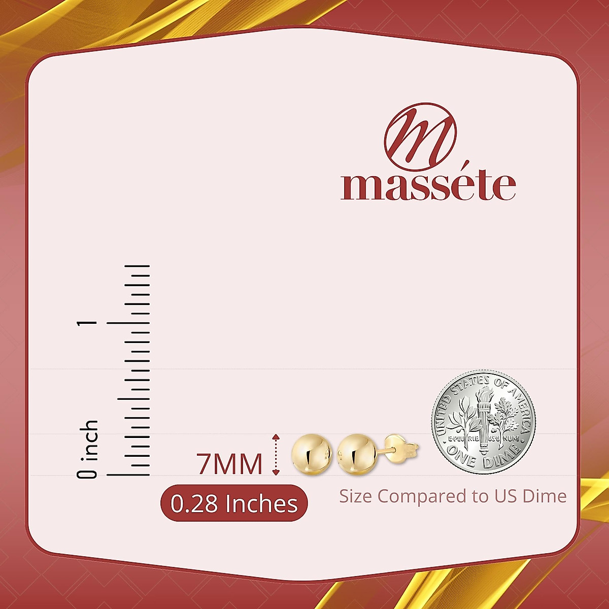 MASSETE 10k Yellow Gold Ball Stud Earrings for Women and Girls Nickel Free 7mm