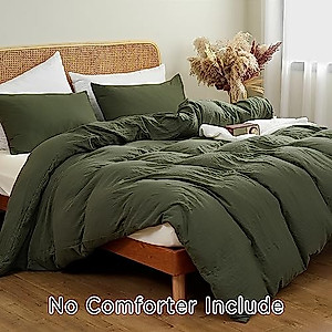ATsense Duvet Cover King Size, 100% Washed Microfiber Like Washed Cotton Super Soft and Breathable, 3 Piece Olive Green Comforter Cover Bedding Set, Simple Style Farmhouse Quilt Cover