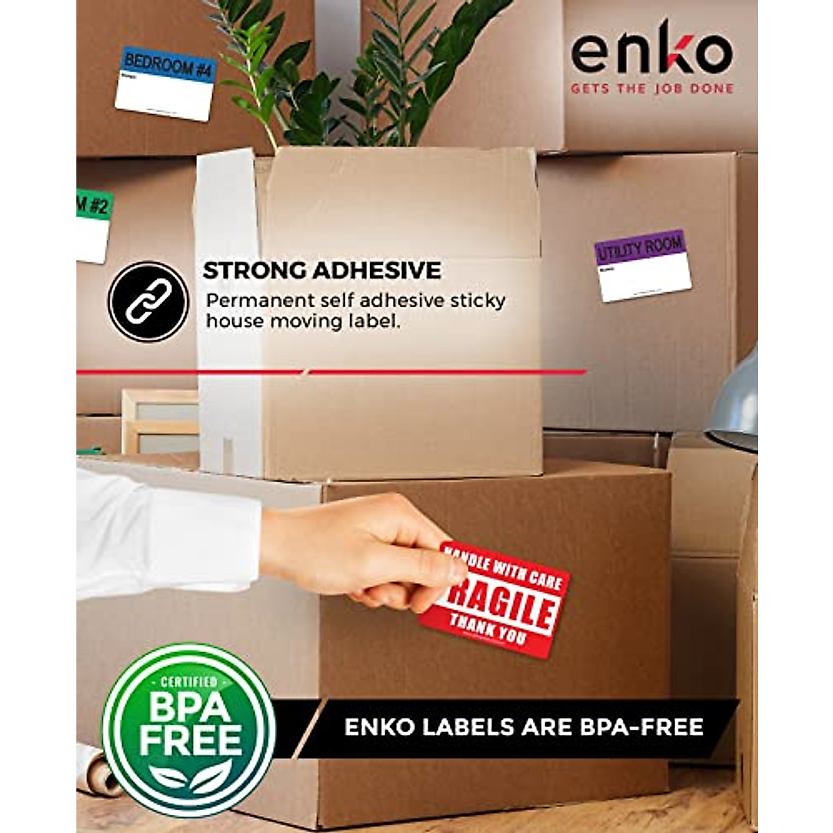 enKo - 2 x 3 Inch Extra Large Home Moving Packing Labels Stickers for Box - Color Coded for Boxes, Packing Box Fragile Stickers (800 Labels, 4 Bedroom House)