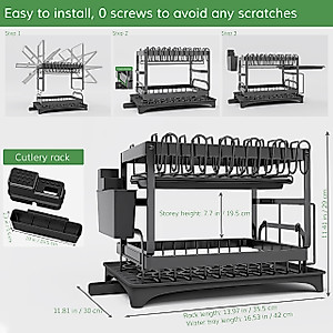 CHIACHIA Dish Drying Rack for Kitchen Counter, 2 Tier Dish Drying Rack with 2 Drainboard, Dish Rack and Drainboard Set with Knife and Fork Holder, Black Carbon Steel Large Capacity Dish Drainer