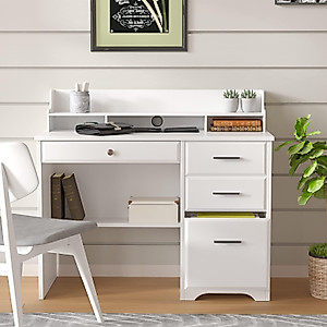 Catrimown Computer Desk with Storage Drawers and Hutch, 44 Inch Home Office Desks with 4 Drawers & Monitor Stand for Small Space, Small White Desk Writing Table Study Desks for Bedroom, White