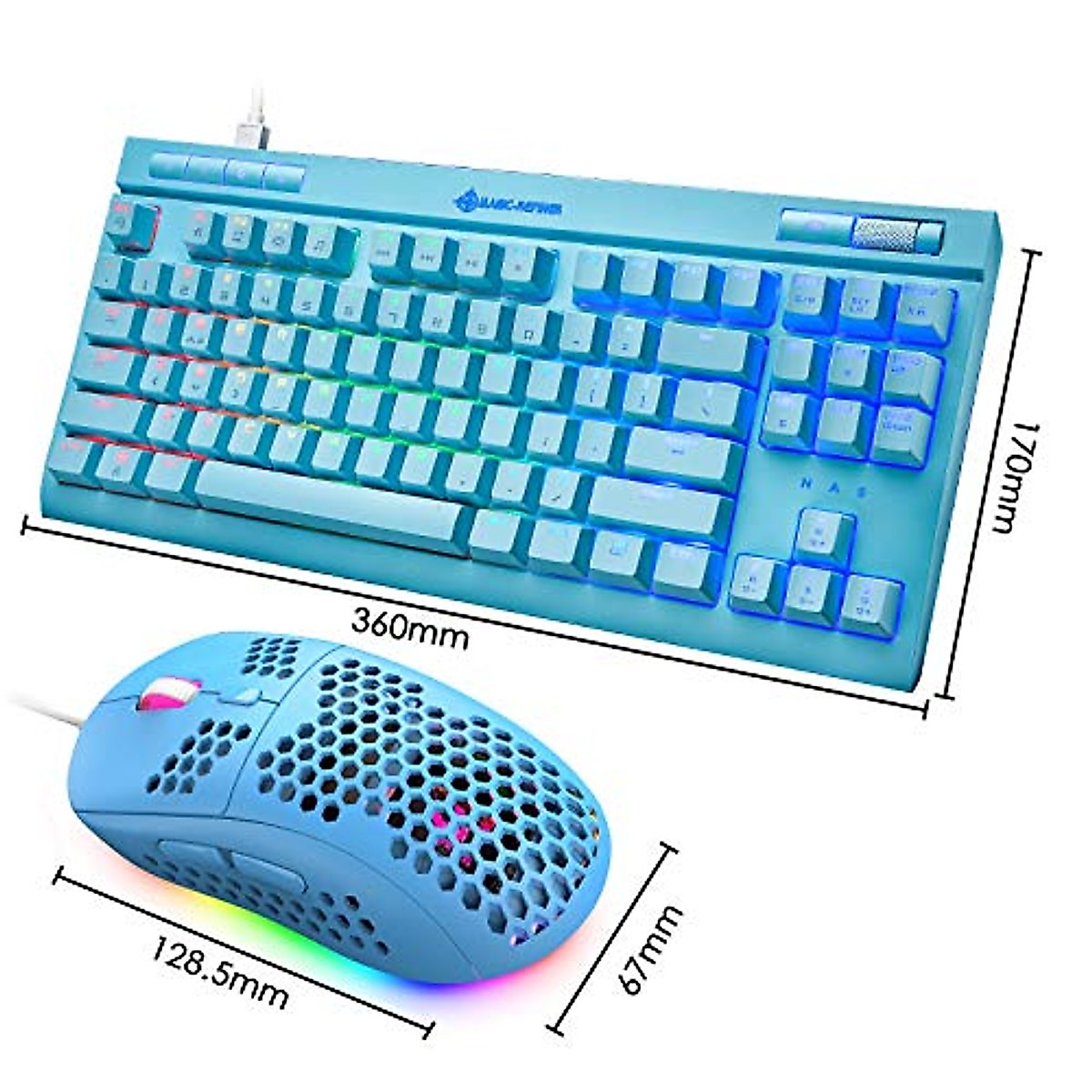 RGB Rainbow Mechanical Gaming Keyboard and Mouse Combo Blue Switch 87 Keys Backlit Keybaord with Lightweight Honeycomb Shell Wired RGB Gaming Mouse 6400 DPI Mouse pad for PC Gamers Xbox One PS4 PS5