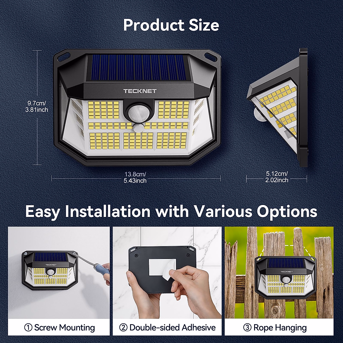 TECKNET 231 LED Motion Sensor Outdoor Lights, 4 Pack, 300° Solar Security Wall Lights, 3 Lighting Modes, IP65 Waterproof, PIR Motion Sensor for Outside, Fence, Garden, Yard, Deck, Garage - Cool White