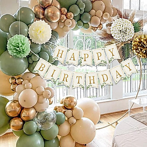 Sage Green Birthday Decorations, Olive Green Gold White Sand Balloons Happy Birthday Banner Tablecloth Gold Fringe Curtain Paper Pom Poms for Kids Women Men Girls Boys Birthday Green Party Decor