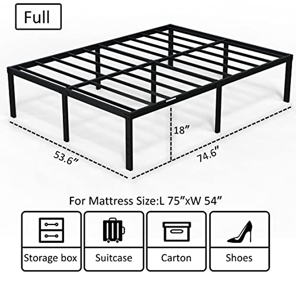 EMODA 18 Inch Tall Full Size Bed Frame with Large Storage Space, Easy Assembly Heavy Duty Metal Platform No Box Spring Needed, Noise Free, Black