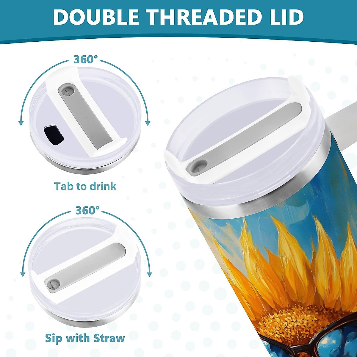 Jihqo Funny Sunflower in Sunglasses 40 oz Stainless Steel Vacuum Insulated Tumbler with Handle and Straw Lid, Leakproof Water Bottle Double Wall Travel Mug Coffee Cup, Cupholder Friendly