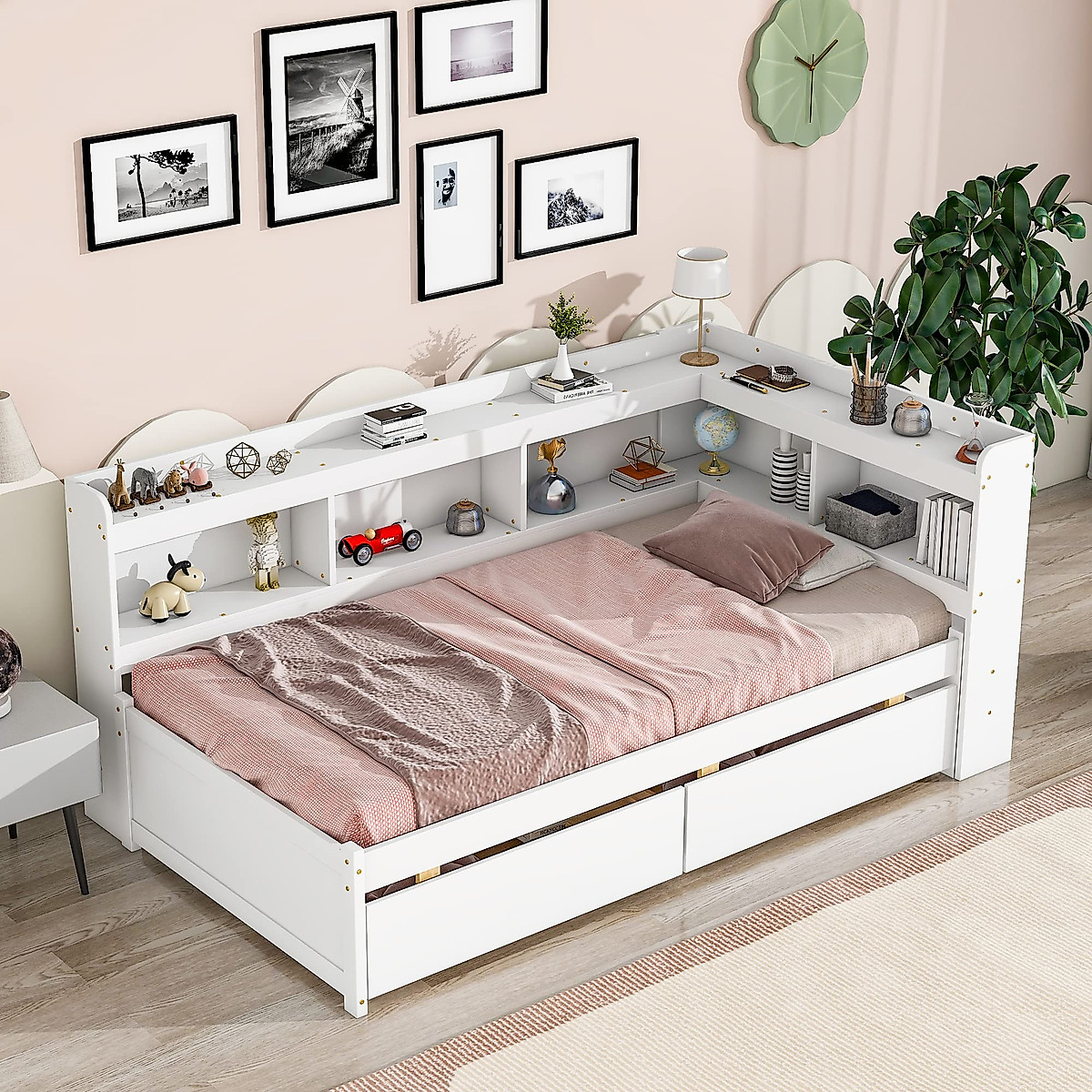 Twin Size Daybed Captain Bed Wooden Day Bed with 2 Drawers and L-Shaped Bookcases, Twin Bed Frame for Kids, Boys, Girls & Teens, No Box Spring Needed, White