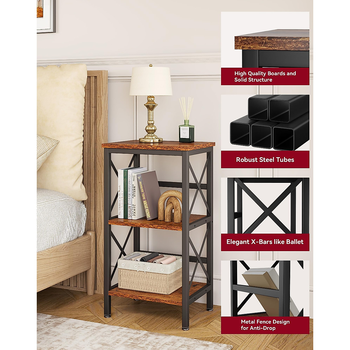 YMYNY 3 Tiers Bookcase, Industrial Metal Bookshelf with Side Fence, Storage Organizer for Living Room, Home Office, Bedroom, Display Racks, Sofa Side Table, Rustic Brown, 29.5*15.75*11.4" UHST008H