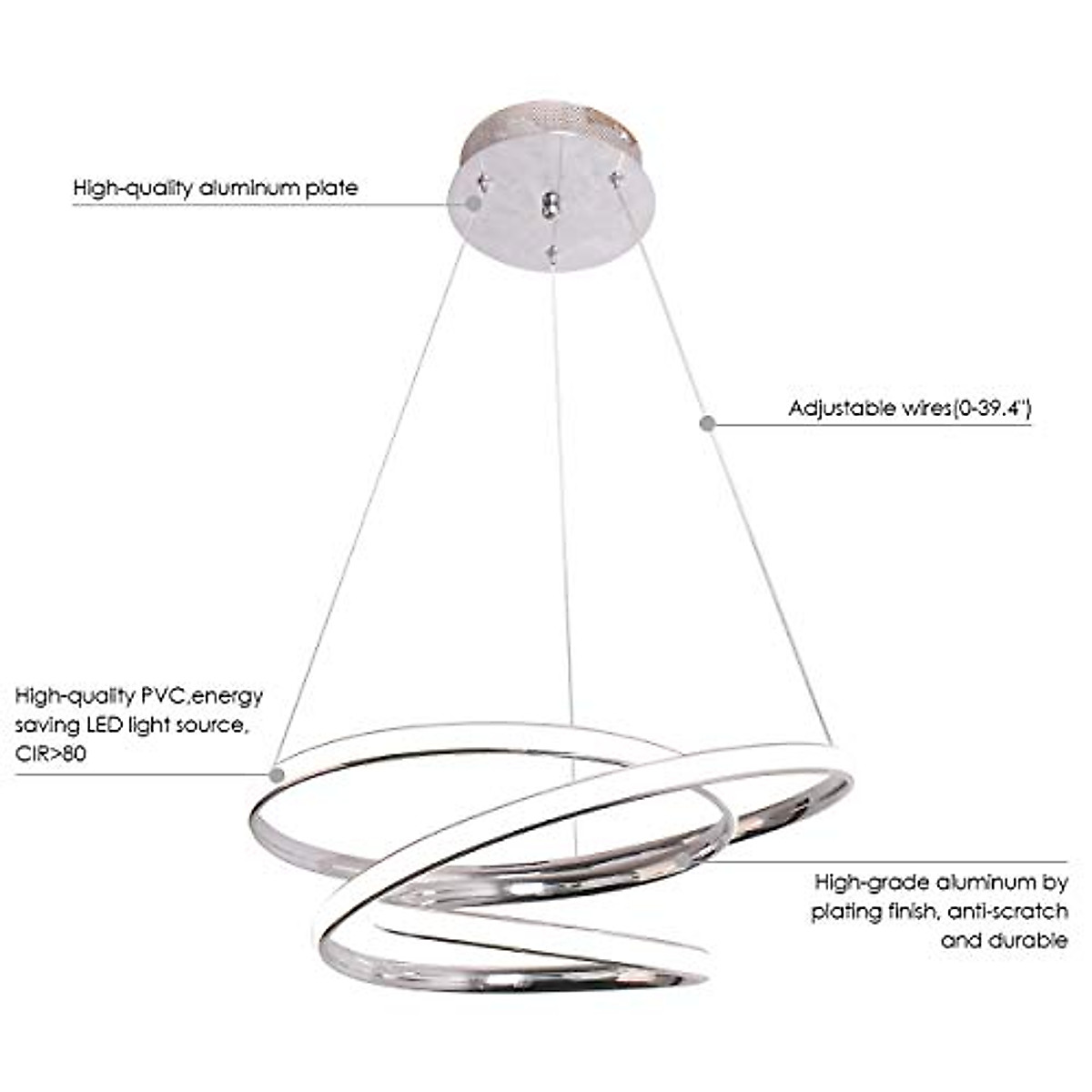 CHYING Modern Pendant Light with Irregular Ring Lights 40W LED Adjustable Chandelier 39.4 inch Ceiling Light Fixture for Dining Room Bedroom Living Room 39.4in Chrome