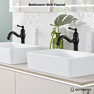 gotonovo Single Handle Vessel Sink Faucet 360° Swivel Bathroom Faucet One Hole Farmhouse Lavatory Vanity Faucet Bowl Sink Mixer Tap with Pop Up Drain, Matte Black