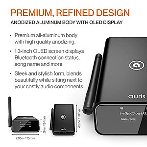 Auris Blume Pro HiFi Bluetooth 5.0 Music Receiver Long Range Bluetooth Adapter with Audiophile DAC, LDAC, aptX HD, OLED Display & Optical Coaxial AUX Output for Home Stereo, AV Receiver or Amplifier