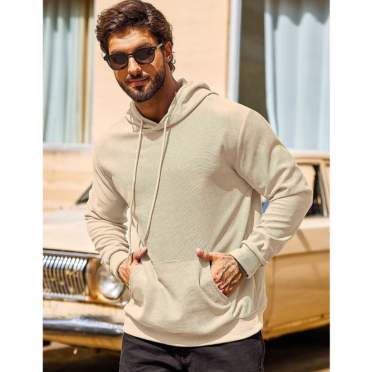 COOFANDY Men's Casual Hoodie Hipster Tactical Sweatshirt Athletic Pullover Hooded Sweatshirt Khaki