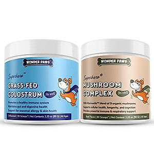 Grass-Fed Colostrum Powder Plus Mushroom Complex Powder - for Dog’s Immune Health, Skin and Allergy Relief and Vitality – Colostrum 90 Scoops - Mushroom Complex 90 Scoops
