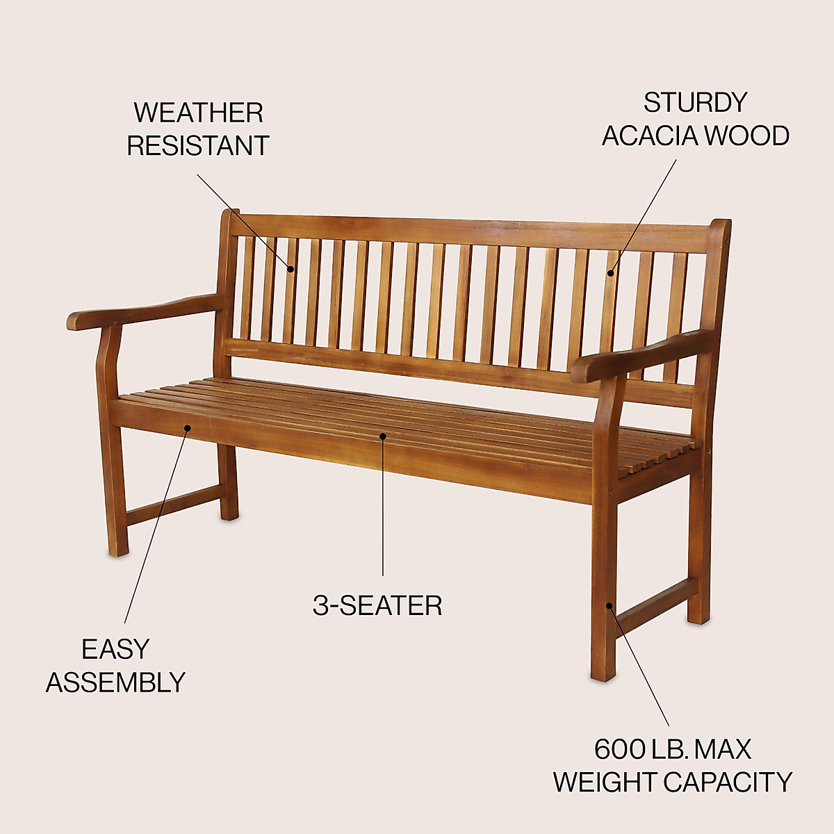 JONATHAN Y BNH101A Laurel 59.1" 3-Seat Slat-Back 600-Lbs Support Acacia Wood Outdoor Garden Patio Bench for Garden, Lawn, Backyard, Pool, Deck, Beach, Firepit, Teak