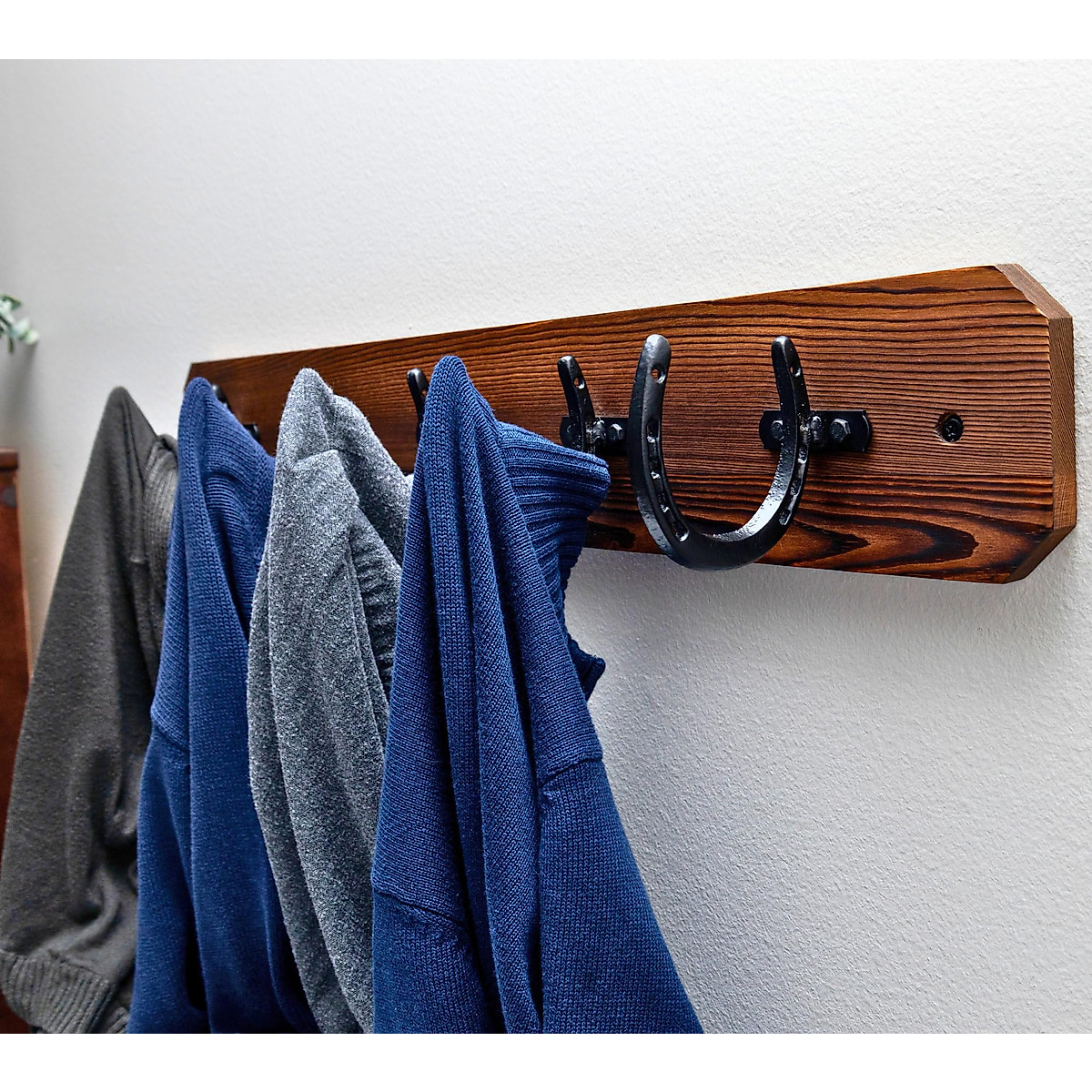 Rustic Coat Rack Wall Mount with Horseshoe Hooks | 36.5" Coat Hanger Wall Mount | Large Wall Coat Rack | Wall Mounted Coat Rack | Wooden Coat Rack Wall Mount (Brown Plate with Black Horseshoe Hooks)