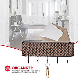 Home Basics Wall Mount Mail Letter Organizer Basket Shelf and 5 Key Hook/Holder in Brown Weave