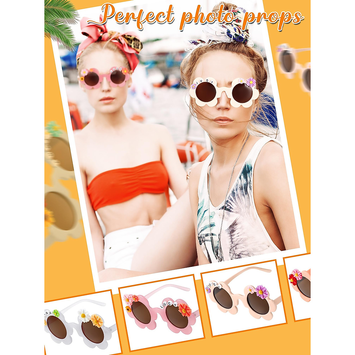 Tigeen 10 Pairs 5.71in Adult Flower Sunglasses Glasses UV Protection Glasses with 50 Daisy Charms 200 Random Letter Beads(Trendy Colors)