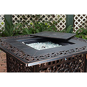 Fire Sense 62527 Sedona Aluminum Convertible Gas Fire Pit Table 55,000 BTU Outdoor Multi-Functional Fire Pit with Fire Bowl Lid, Nylon Weather Cover & Clear Fire Glass - Bronze Finish - Square