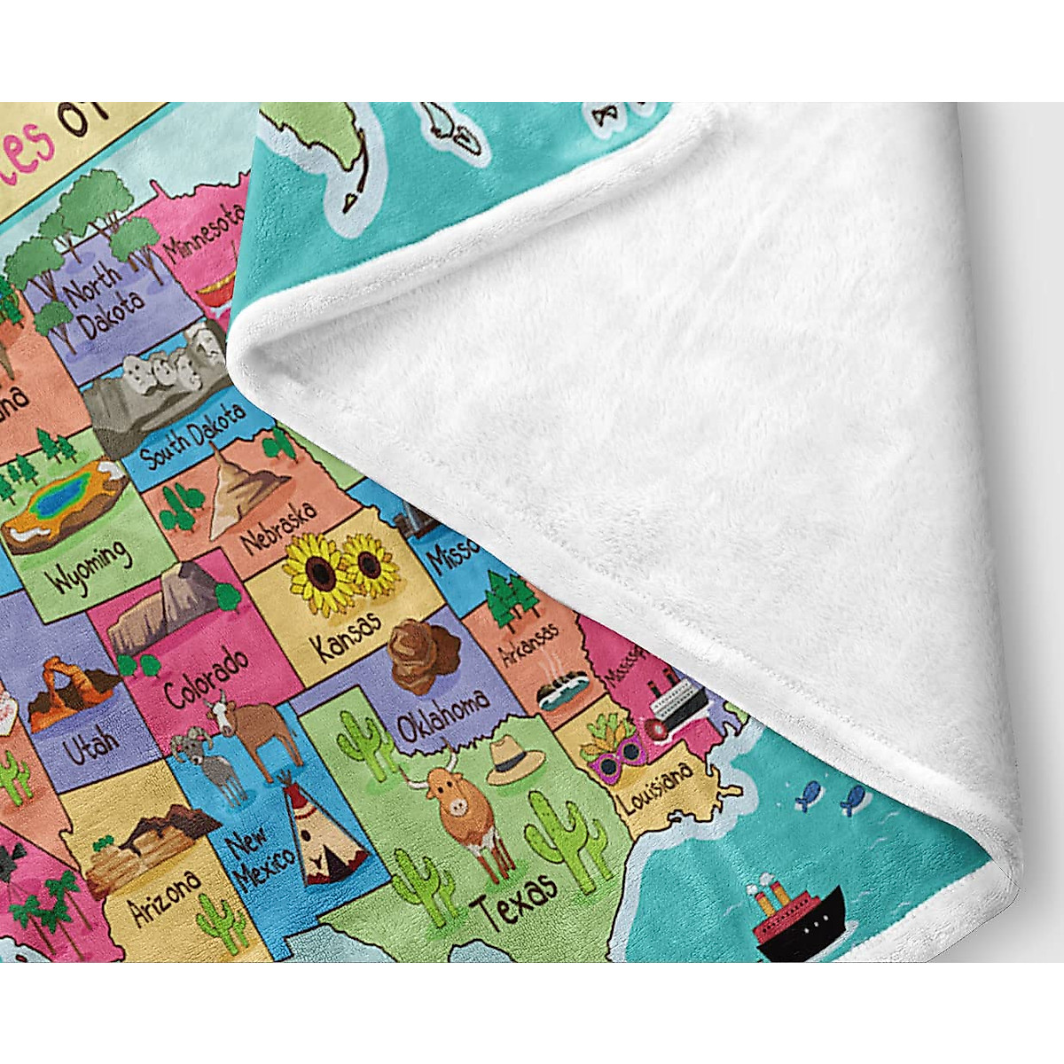 Kids Map of The United States Throw Blanket, Fun Facts Geography USA Map Camping Blankets and Throws for Bed, Animal Map Fleece Flannel Blanket for Sofa Couch Girls Boys Children Room Decor,50X60in