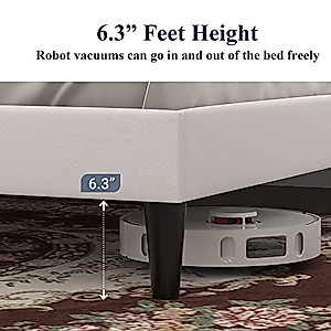 Allewie Full Bed Frame with Adjustable Diamond Stitched Button Tufted Headboard/Faux Leather Upholstered Platform Bed with Easy-Assembly Wood slats, White