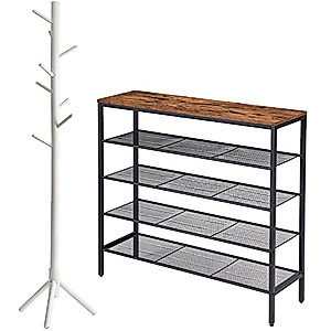 IBUYKE Coat Rack Shoe Rack Set, 5-Tier Shoe Bench with Metal Mesh Shelves ,Coat Stand with 3 Adjustable Sizes and 8 Hooks, Coat Tree for Bedroom Office Hallway URF-1194&UTMJ084H