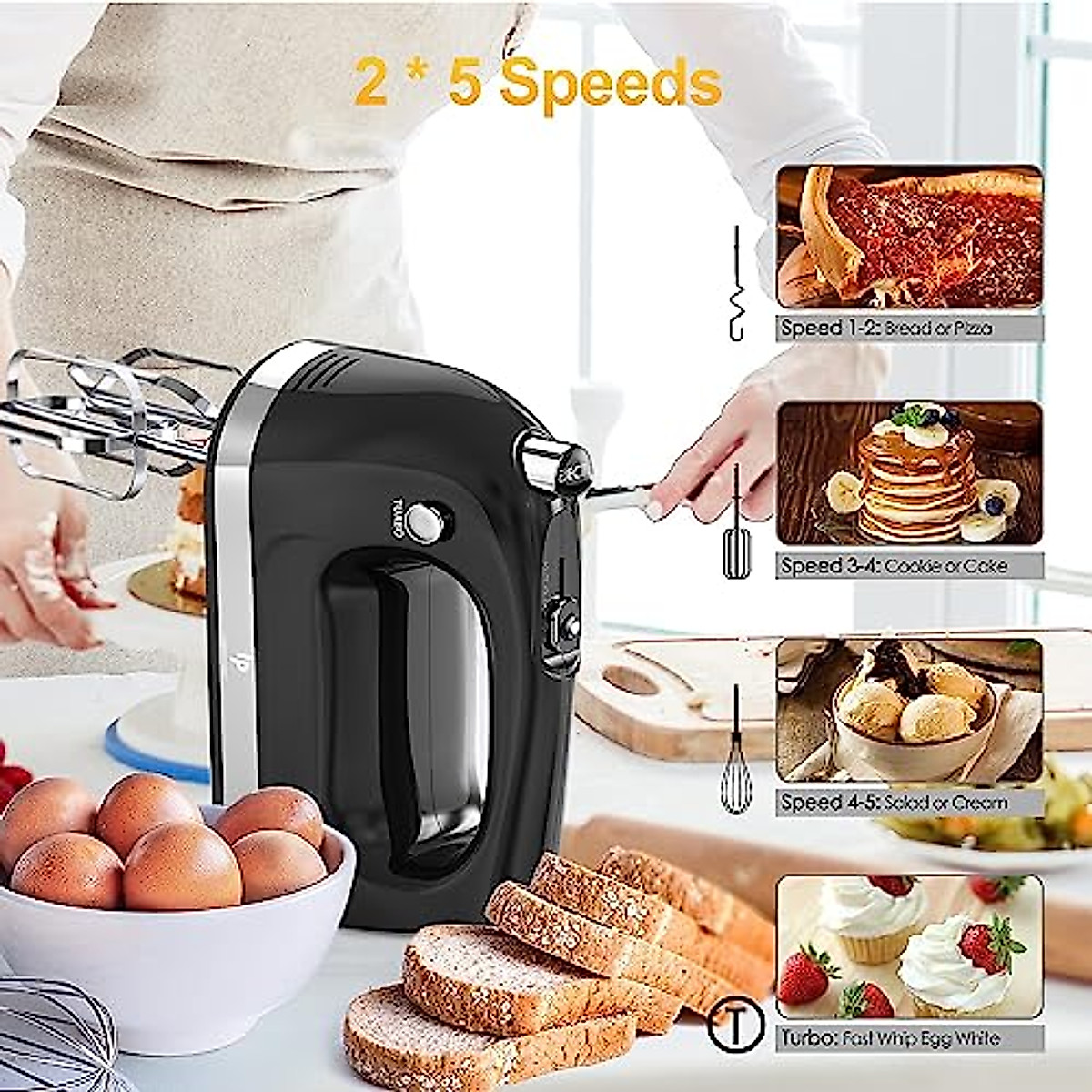 Hand Mixer Electric, 400W Food Mixer 5 Speed Handheld Mixer, 5 Stainless Steel Accessories, Storage Box, Kitchen Mixer with Cord for Cream, Cookies, Dishwasher Safe, Black