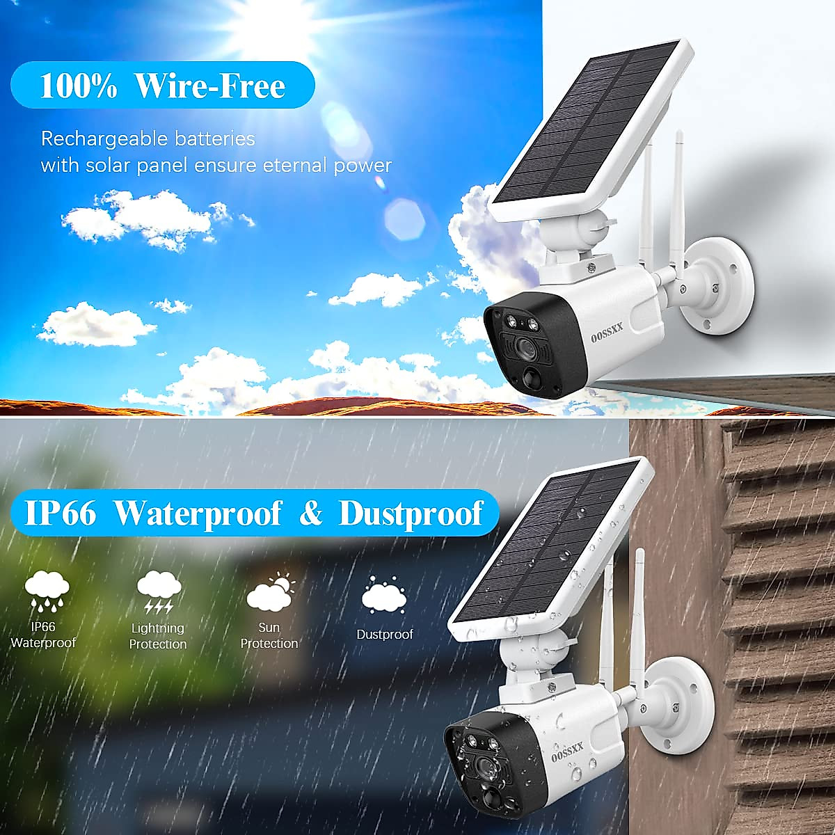 OOSSXX Solar Security Camera Outdoor Wireless Solar Powered Wireless Camera with Rechargeable Battery, WiFi Home Surveillance Camera 4.0MP with Two Way Audio (4MP 2 Packs)