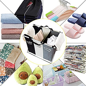 FUNFLOWERS Laundry Hamper Basket Sorter with Handle and Aluminum Frame, 3 Sections Foldable Portable Large Dirty Clothes Basket Organizer for Bathroom Bedroom Home (Black+White+Grey)