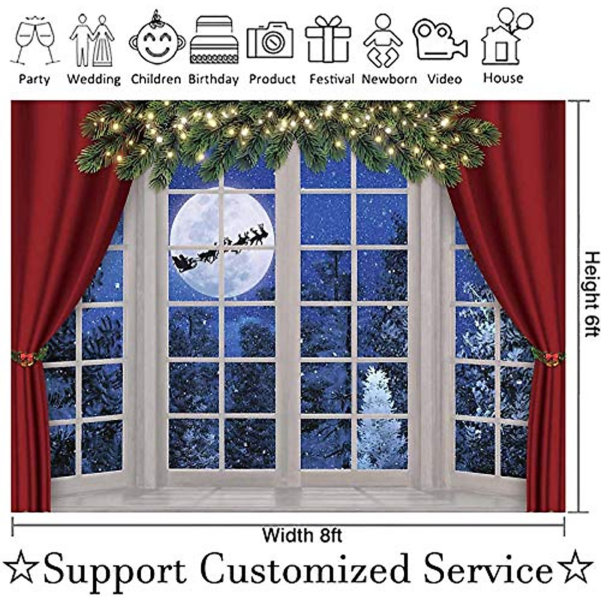 Allenjoy 8x6ft Christmas Window Photography Backdrop Winter Wonderland Snow Tree Starry Sky Moon Reindeer Santa Xmas Photocall Background Party Banner Decor Baby Kids Family Photo Shoot Booth Props
