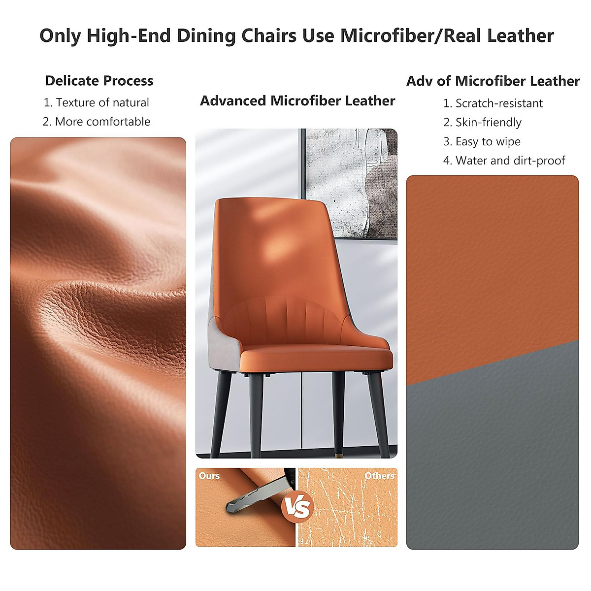 Dining Chairs Set of 2: Faux Leather Upholstered Modern Chair with Backrest - Armless Accent Chairs with Metal Legs for Kitchen Living Room Bedroom (Orange+Grey)