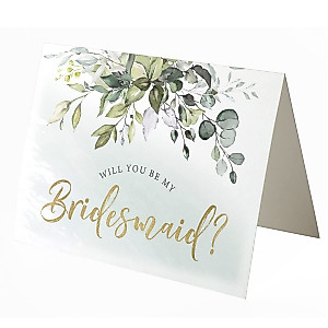 Printed Party Bridemaid Proposal Kit, 16 Cards and Envelopes, Greenery Eucalyptus, Includes Maid of Honor, Matron of Honor, and Flower Girl