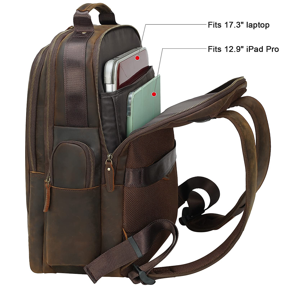 TIDING Vintage Full Grain Leather 17.3 Inch Laptop Backpack Large Camping Travel Weekender Daypack For Men 31.9L