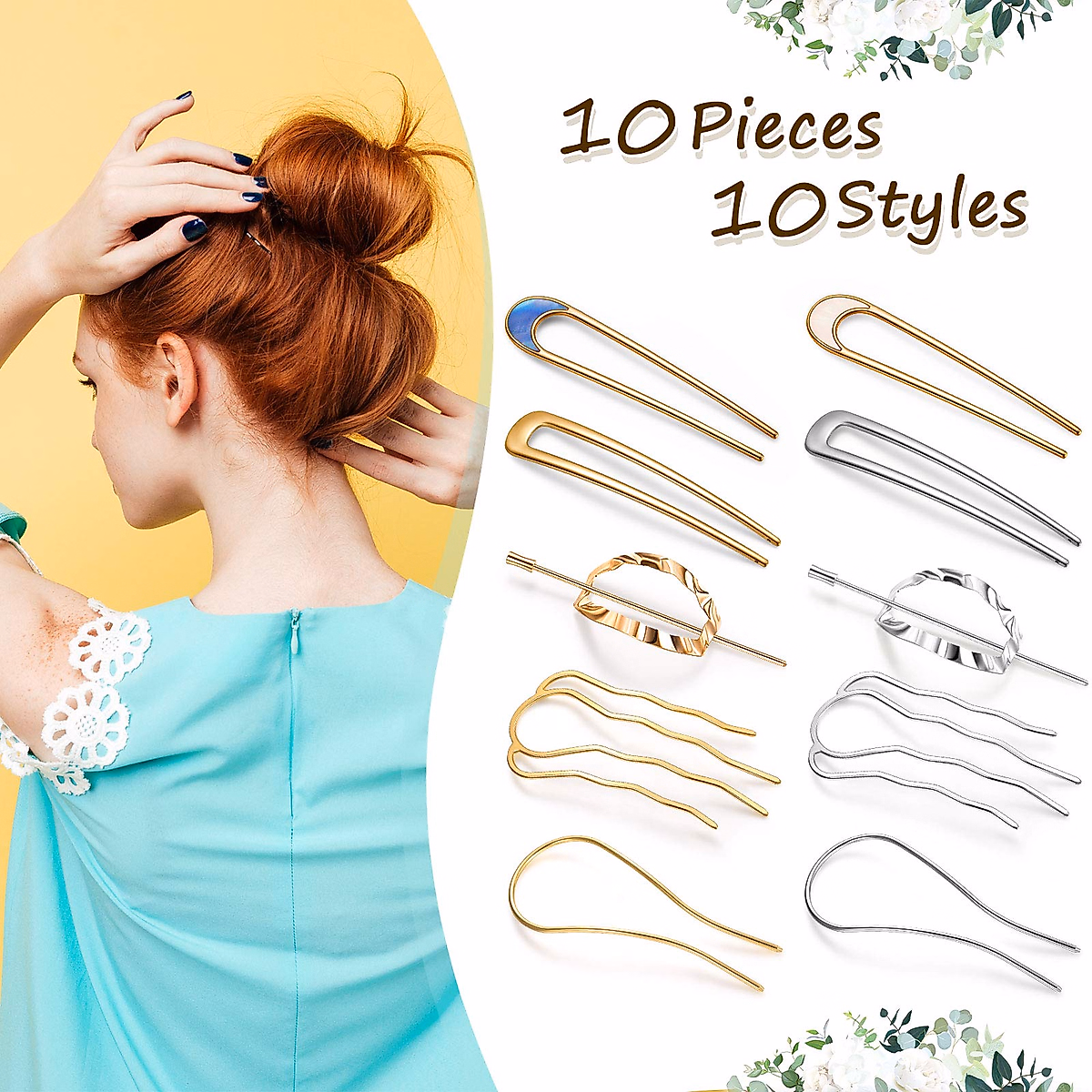10 Pieces Metal U-Shape Oval Side Comb Hairpin Hair Fork Clip Stick Hair Bun Updo Sticks Gold Silver Chignon Pin Grips for Women Styling Tool Accessories