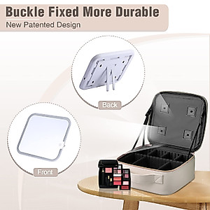 AZ GOGO Travel Makeup Bag with Light up Mirror, Makeup Train Case with Lighted Mirror 3 Color Brightness, Waterproof Portable Cosmetic Bag Organizer (Creamy White)