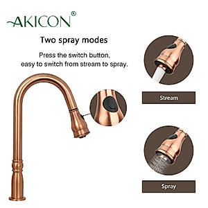 Copper Kitchen Faucet with in-Deck Handle and Soap Dispenser, Single Handle Solid Brass High Arc Pull Down Sprayer Head Kitchen Sink Faucet AK97918
