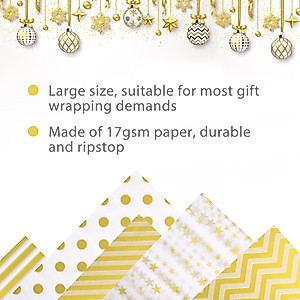 Koogel 100 Sheets Gold White Metallic Tissue Paper, 20 x 14 Inch Tissue Paper for Gift Bags Gift Wrapping Tissue Paper for DIY Crafts Graduation Birthday Christmas
